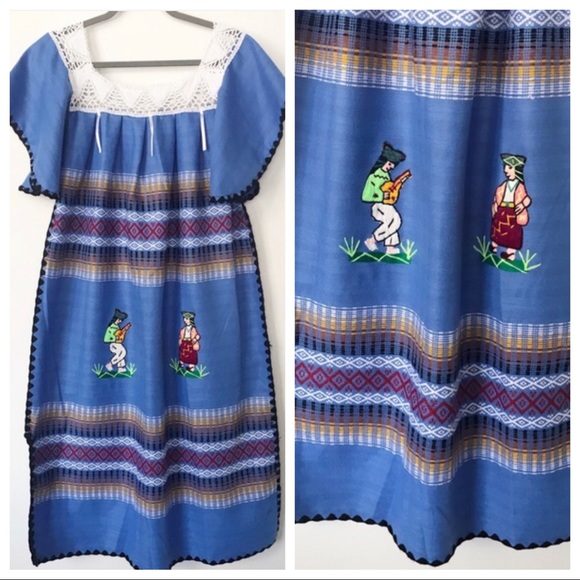 Vintage | Tops | Vtg 7s Peruvian Weaved Tunic Caftan Dress Blue | Poshmark
